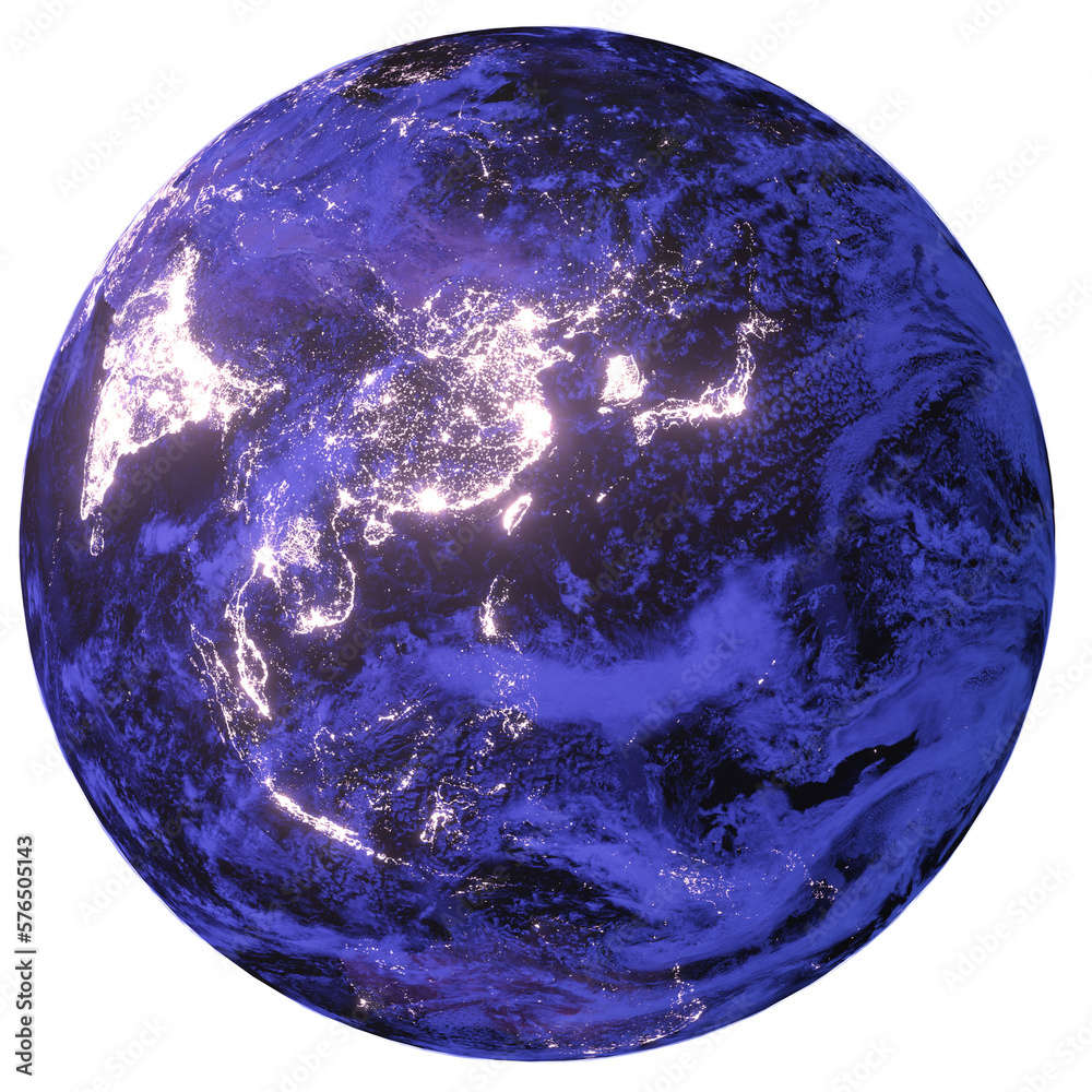 The nightly Earth with city lights in Asian continent as transparent ...