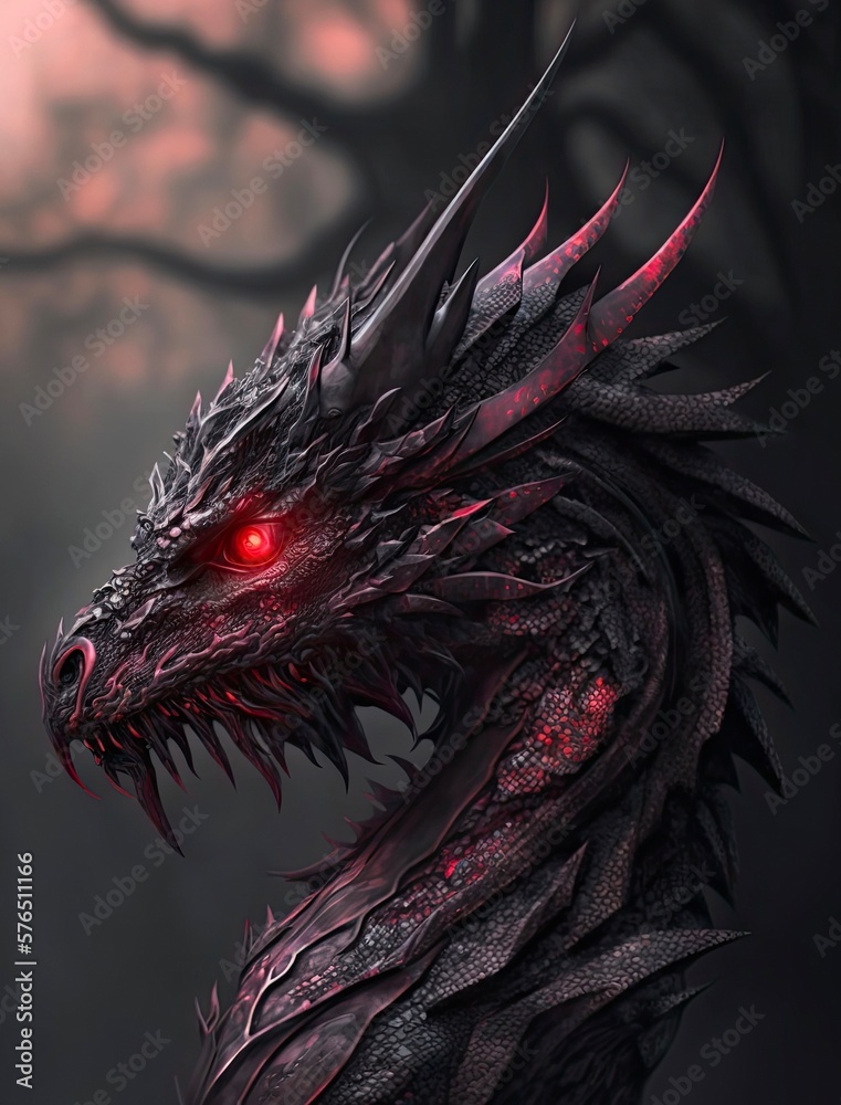 Gothic dark illustration of a black dragon with red luminous eyes ...