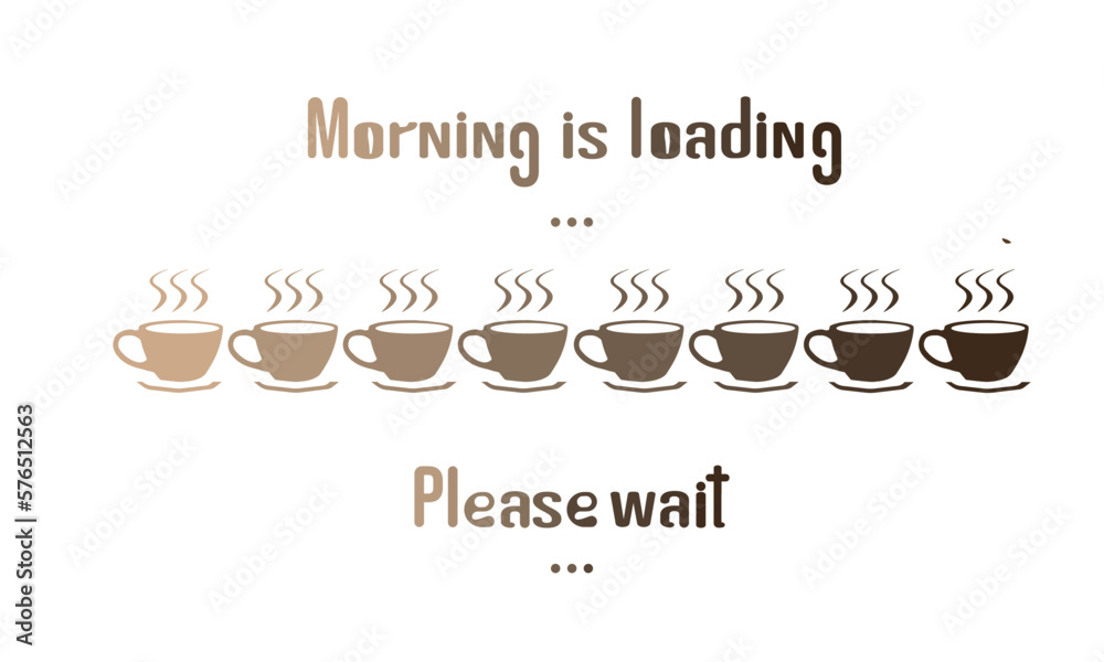 Illustrations with cups of coffee with the sentence morning is loading ...
