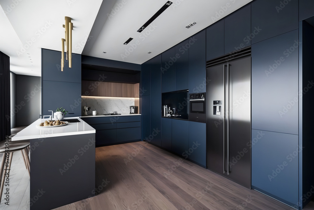 a modern kitchen with a sleek and sophisticated design. The dark blue ...