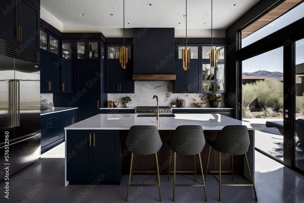 a modern kitchen with a sleek and sophisticated design. The dark blue ...