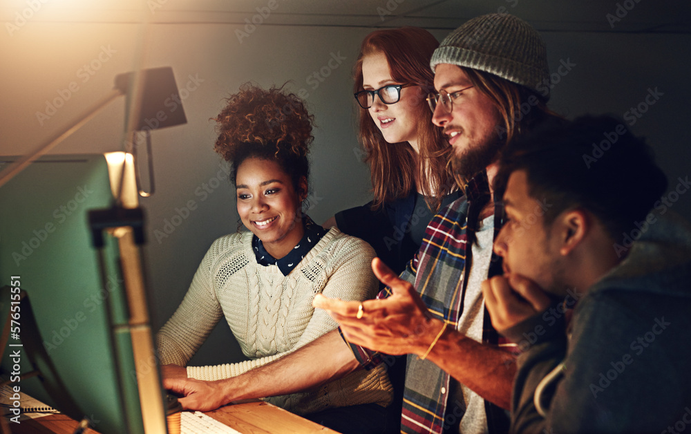 Computer, office collaboration or night team programming ERP software ...