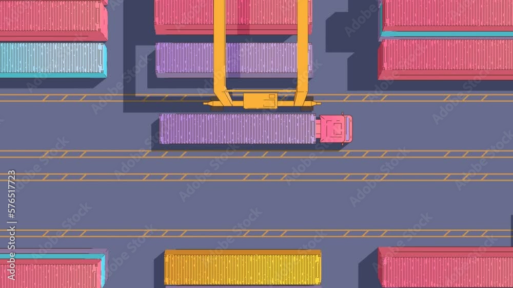 4K looped animation video. Truck with trailer drives through port ...