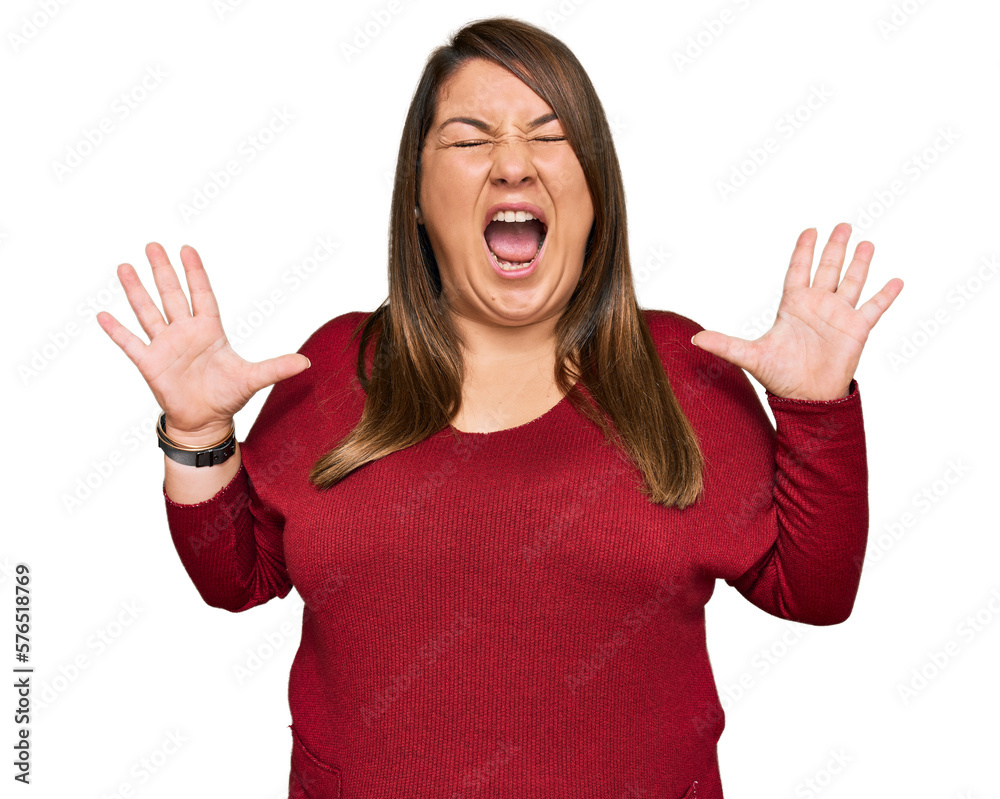 Beautiful Brunette Plus Size Woman Wearing Casual Clothes Celebrating