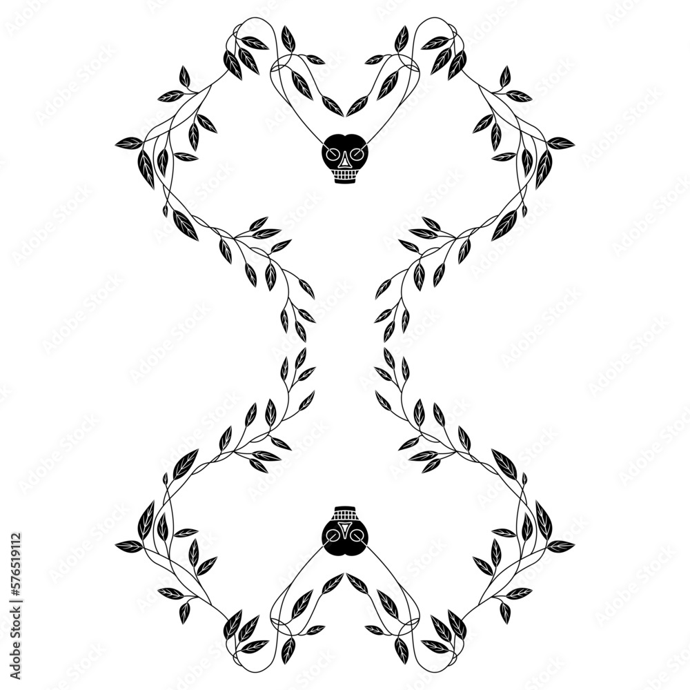 Symmetrical design with human skull and vine branches sprouting from ...