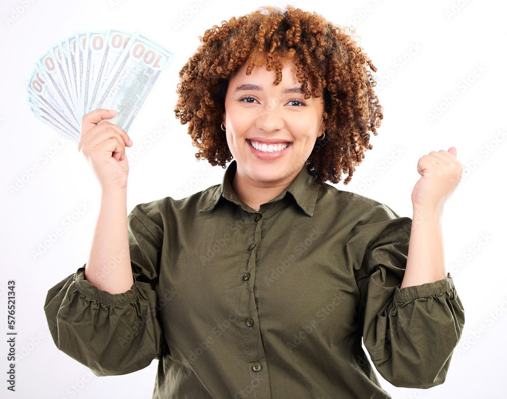 Success, money and winner with portrait of black woman for investment ...
