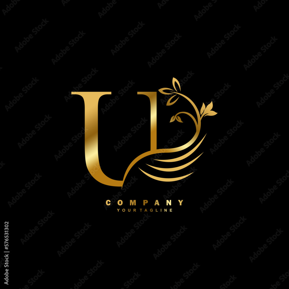 Gold luxury U letter logo with beautiful floral and feather ornament ...