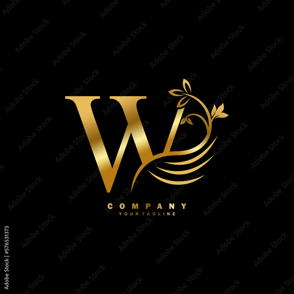 Gold luxury W letter logo with beautiful floral and feather ornament ...