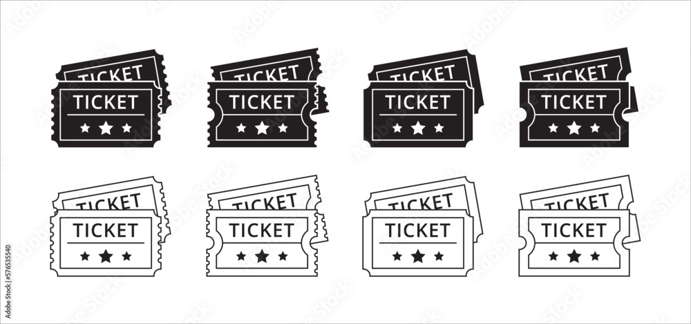 Ticket icon set. Movie theatre ticket with stub line icons. Raffle ...
