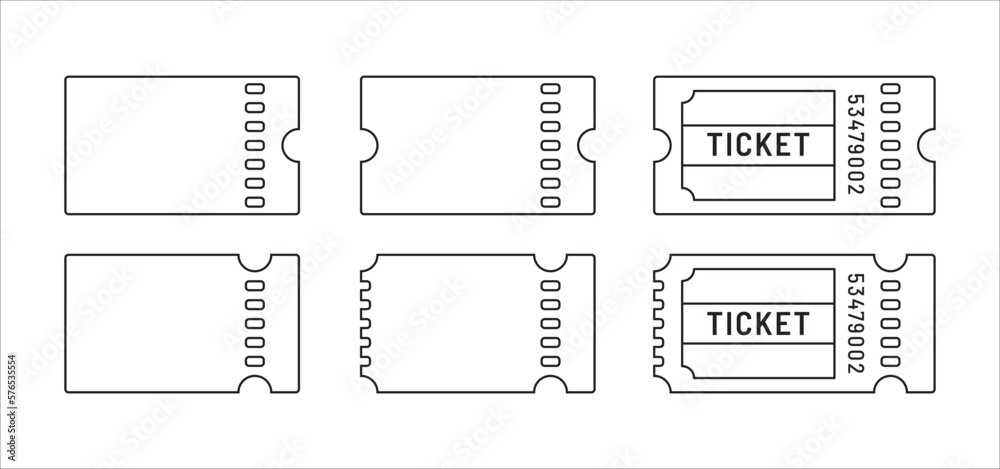 Ticket icon set. Movie theatre ticket with stub line icons. Raffle ...