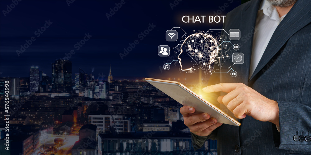 Artificial intelligence, AI chat bot concept. Businessman hands using ...
