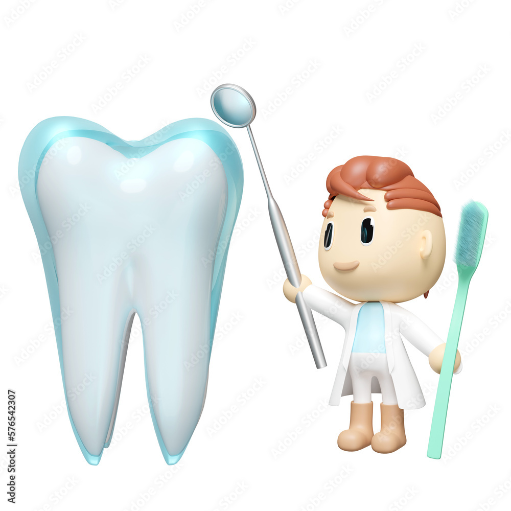 3d miniature cartoon character dentist with dentist mirror, toothbrush ...