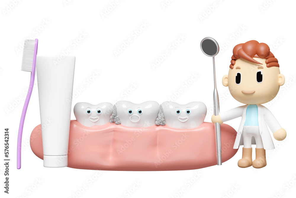 miniature cartoon character dentist 3d with dentist mirror, toothbrush ...
