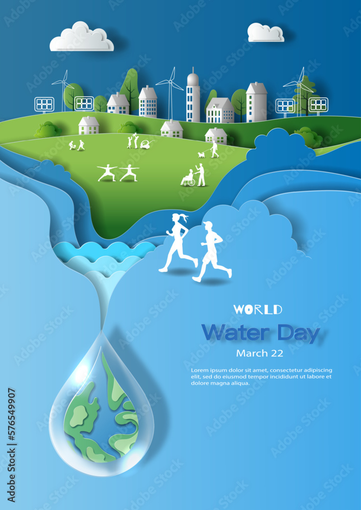 World Water Day, save water, a drop of water with a lot of people at ...