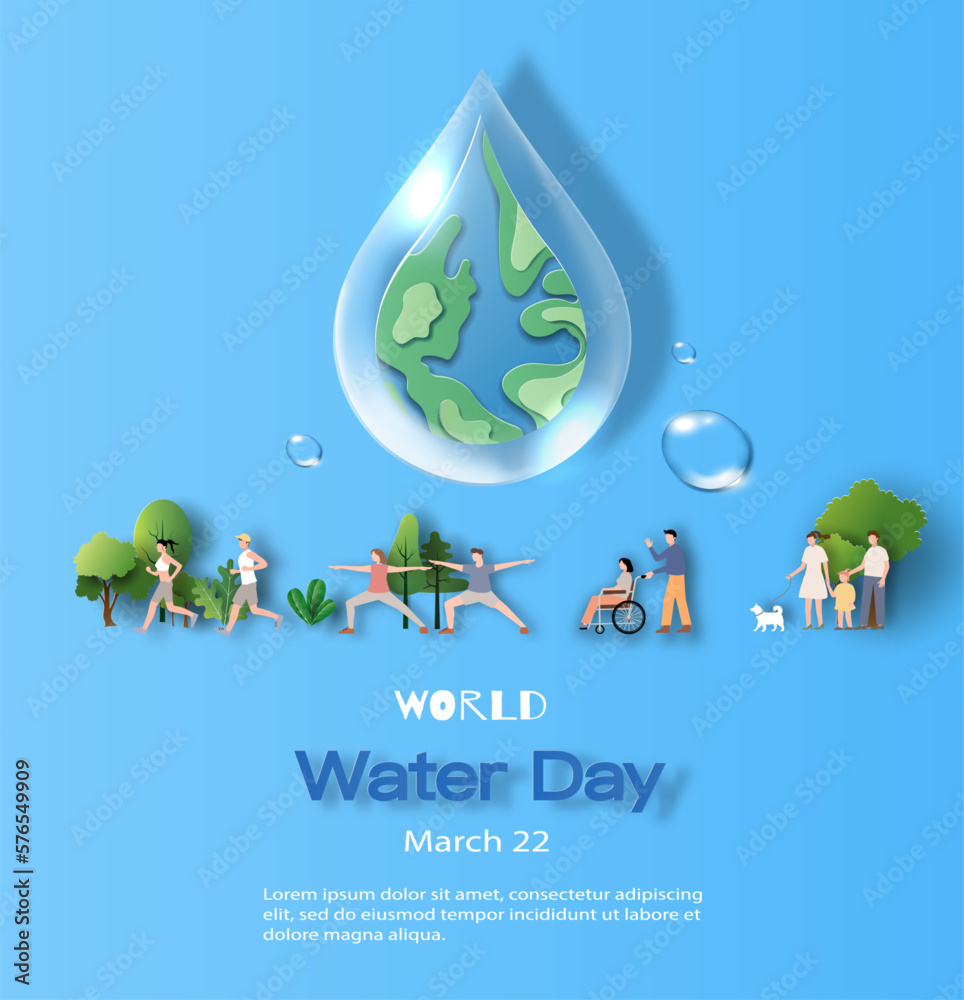 World Water Day, save water, a drop of water with a lot of people at ...