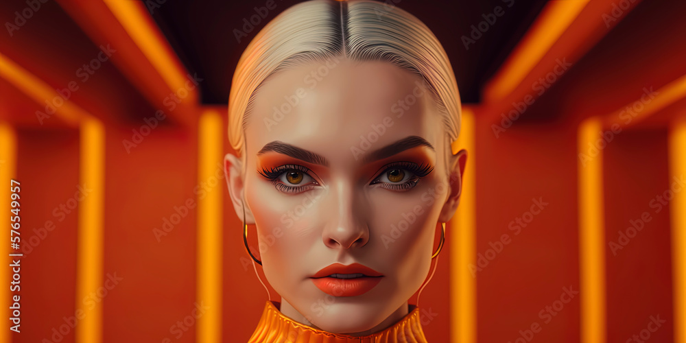 A beautiful Welsh supermodel android girl is looking directly at the ...