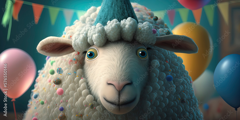 Portrait of a sheep in his birthday party wearing a birthday hat. birthday party celebration ...