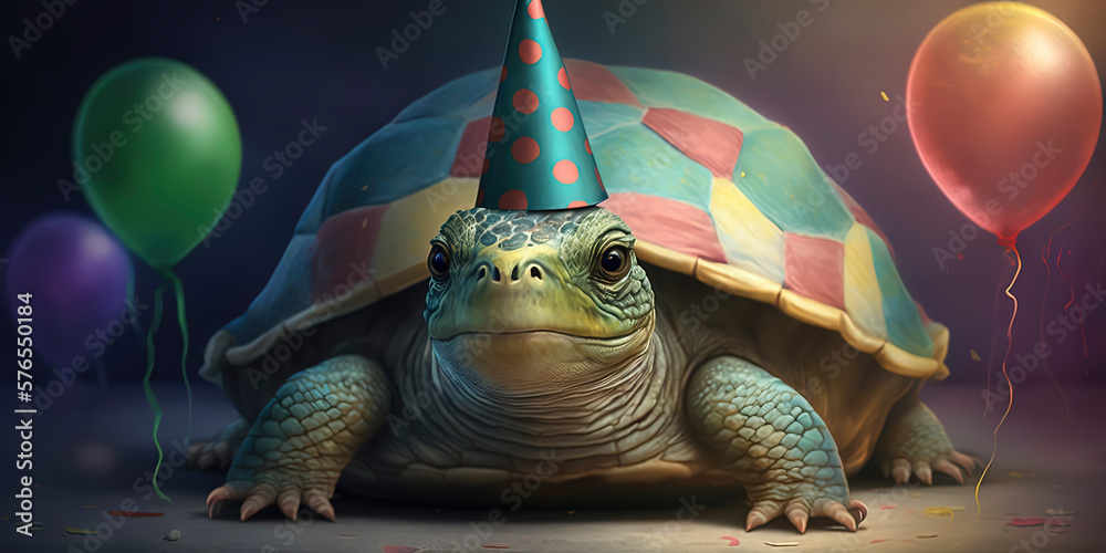 Portrait of a turtle in his birthday party wearing a birthday hat ...