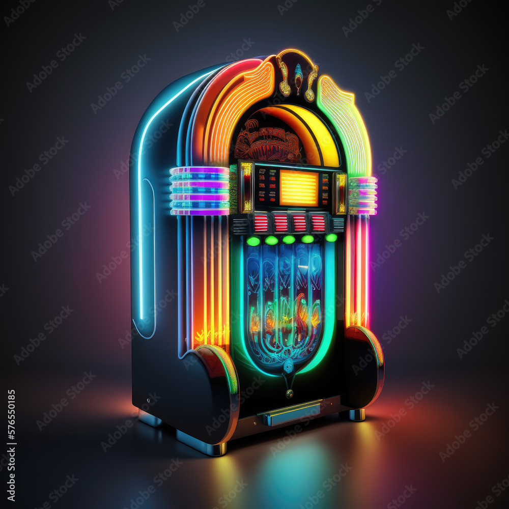 Retro Groove: Glowing Neon Jukebox on Dark Background, Generative AI ...