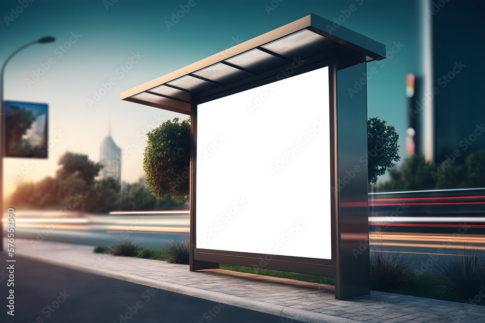 Bus Stop Billboard Mockup with Traffic Light Trails in the background ...