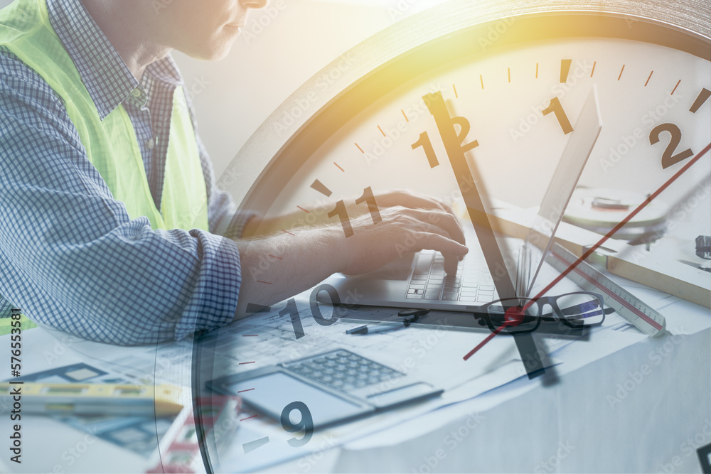 Engineer builder busy overlay times clock for working hours work ...