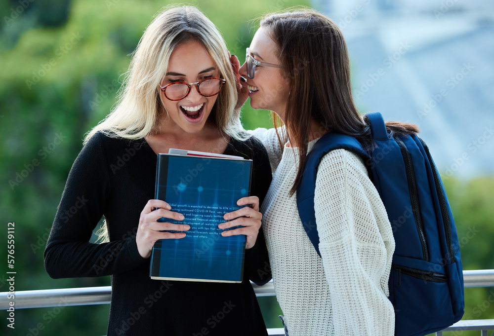 Women students, whisper secret and friends with smile, wow and gossip ...