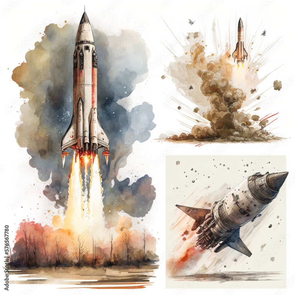 Rocket launching watercolor isolated in white background. Space launch ...