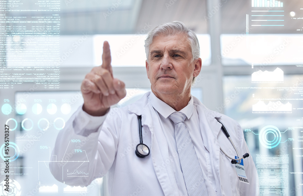 Digital, healthcare and mature doctor with a screen for a network ...