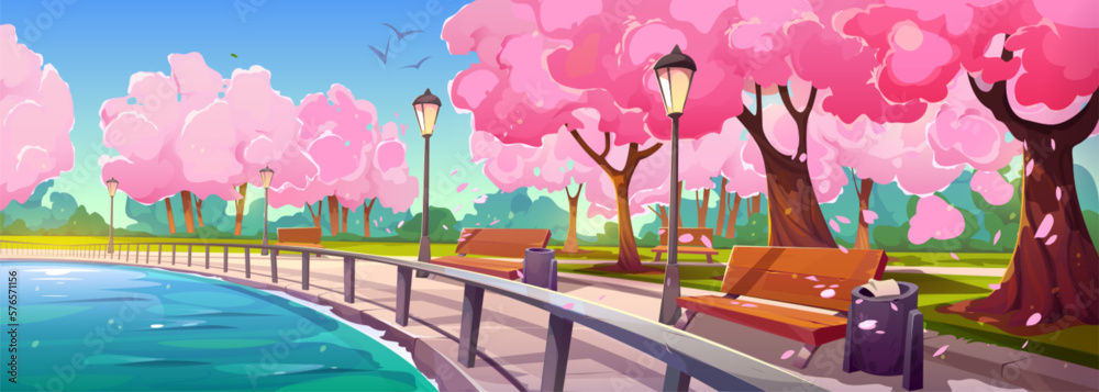 Riverside park with sakura trees blooming along promenade. Vector ...