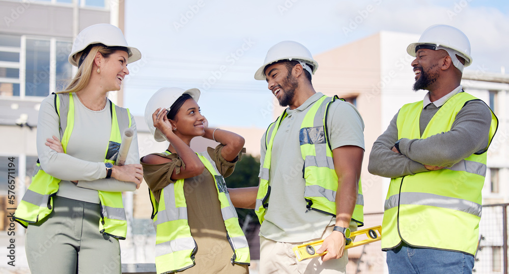 Construction, talking and employees in the city as a team, laughing and ...