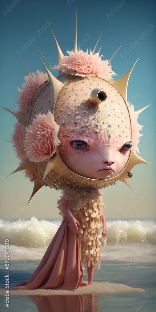 Pink alien axolotl queen wearing a golden spiky helmet, inspired in a ...