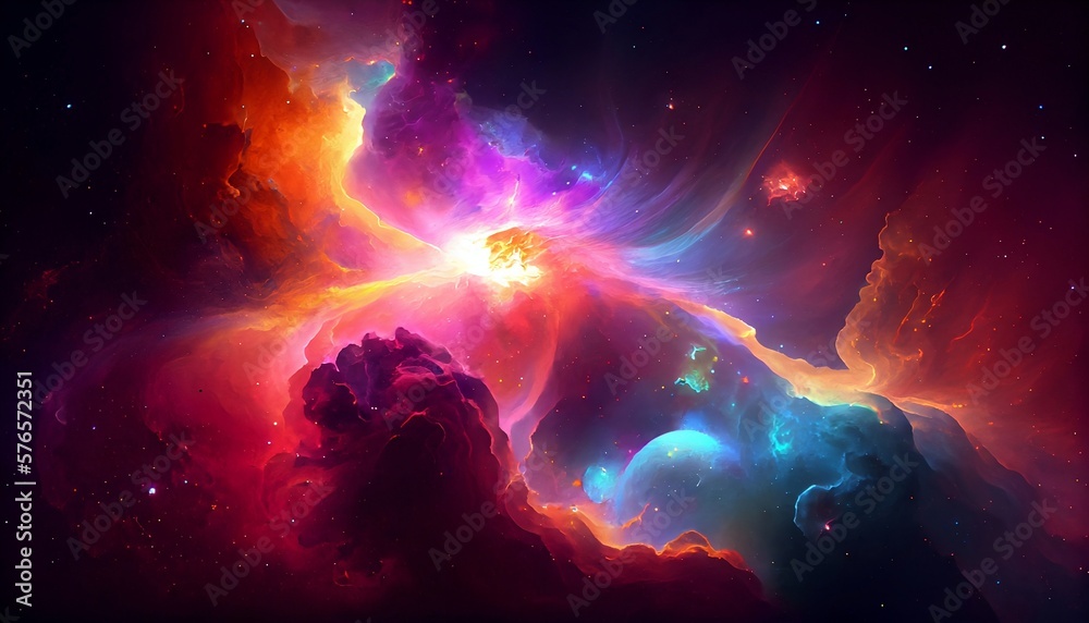 a stunning nebula in space, with bright and vibrant colors dominating the scene, surrounded by a ...