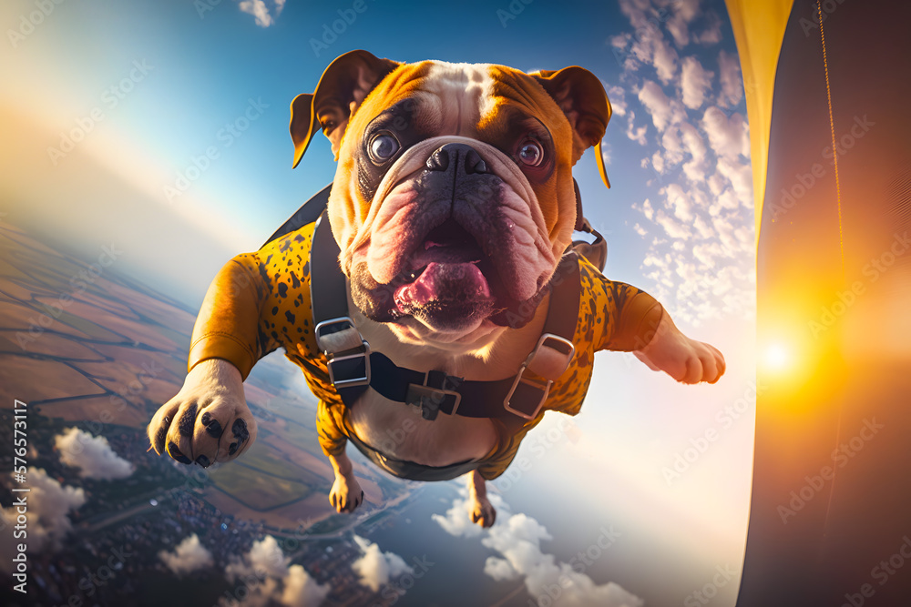 Athletes bulldog dog frightened muzzle skydivers in purple suit jump ...