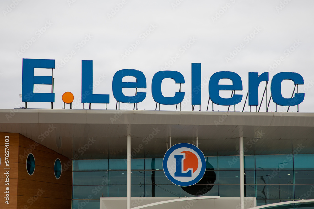 E.Leclerc sign brand French hypermarket leclerc logo text on facade ...