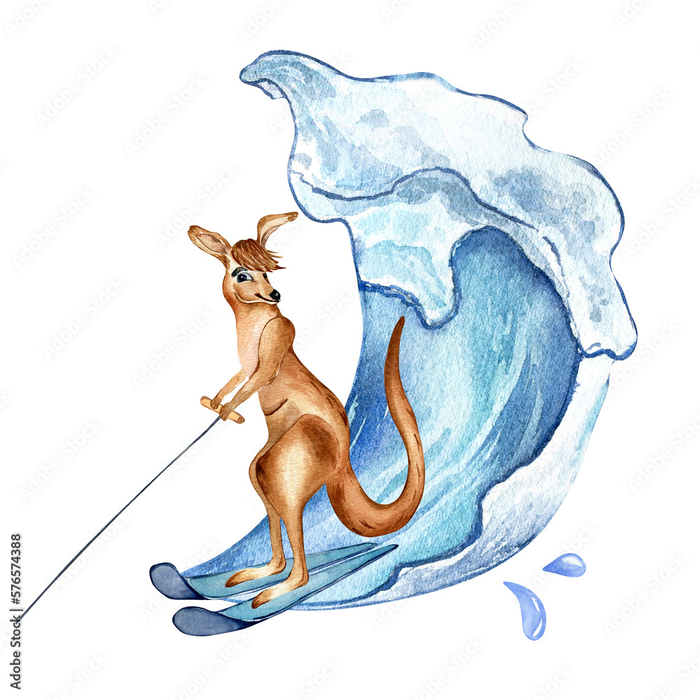 Cartoon kangaroo has water skiing watercolor illustration isolated on ...