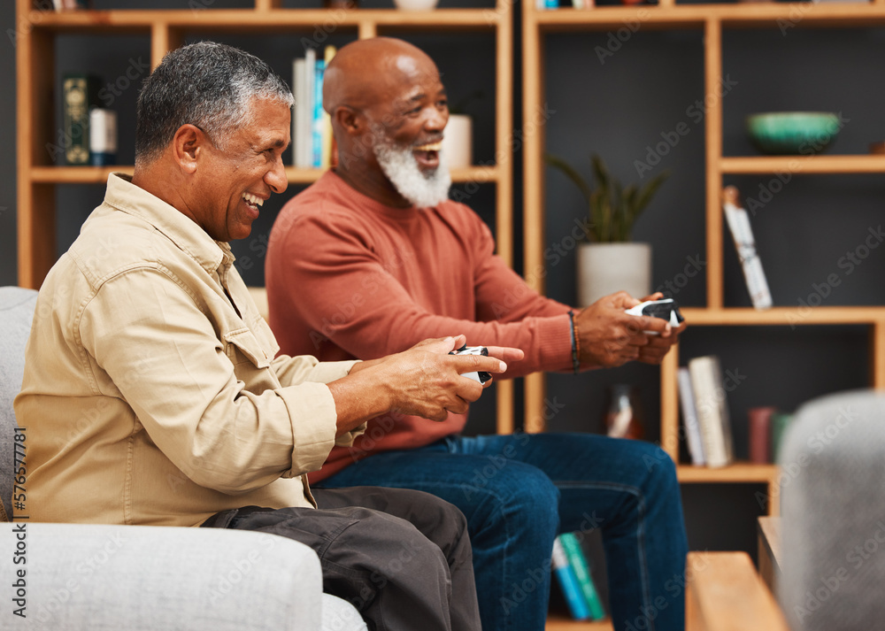 Gaming, fun and senior black man friends playing a video game together ...