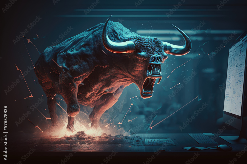 Angry Bull trading with computer on bearish stock market. Generative AI ...