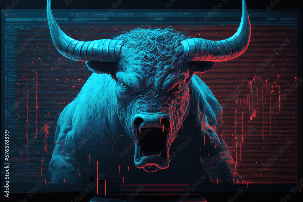 Angry Bull trading with computer on bearish stock market. Generative AI ...