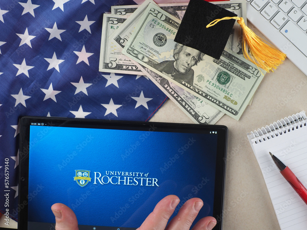 In this photo illustration, University of Rochester logo seen displayed ...