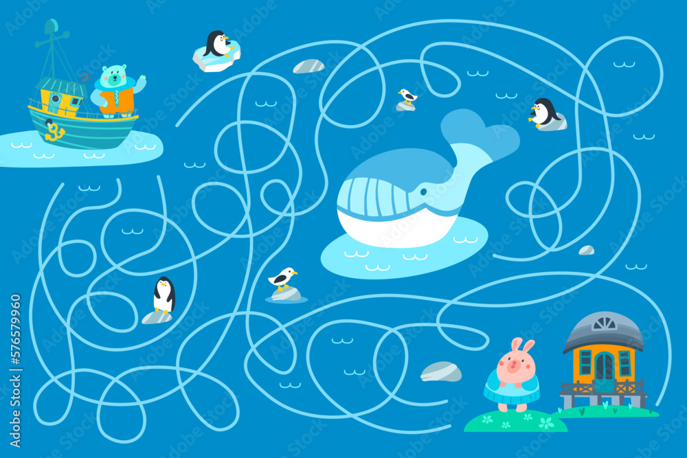Maze with sea animals, bear on ship, penguins, whale. Help bear find ...