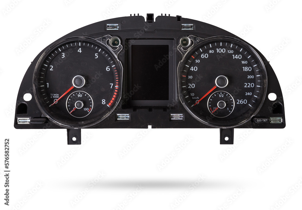 The dashboard of the car with white arrows with a speedometer ...