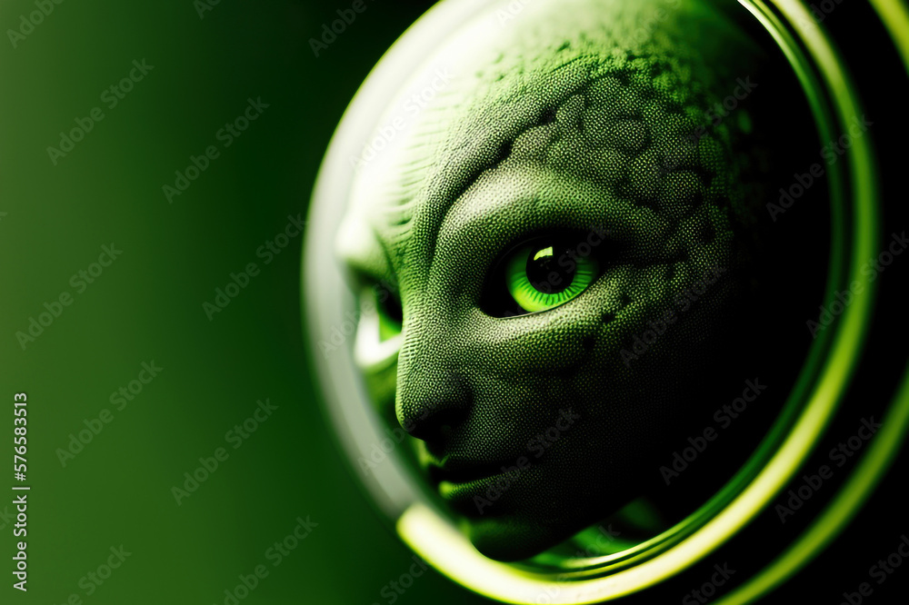 Portrait of an alien: half lizard - half man helmet with green skin and ...