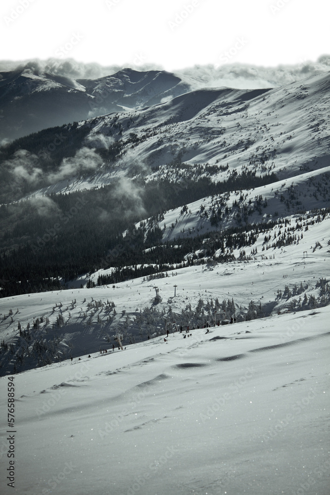Ski resort in over clouds mountain valley isolated PNG photo with ...