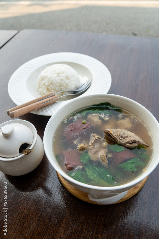 Pork blood tofu soup with gourd leaves,Clear soup asian style food ...