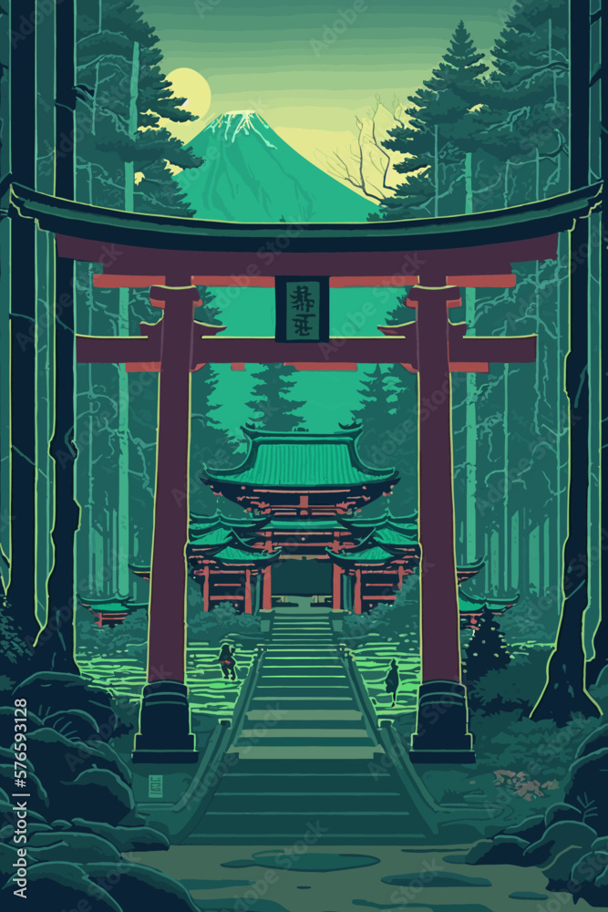 Ancient pagoda gate entrance. Japanese anime cartoon, digital art style ...