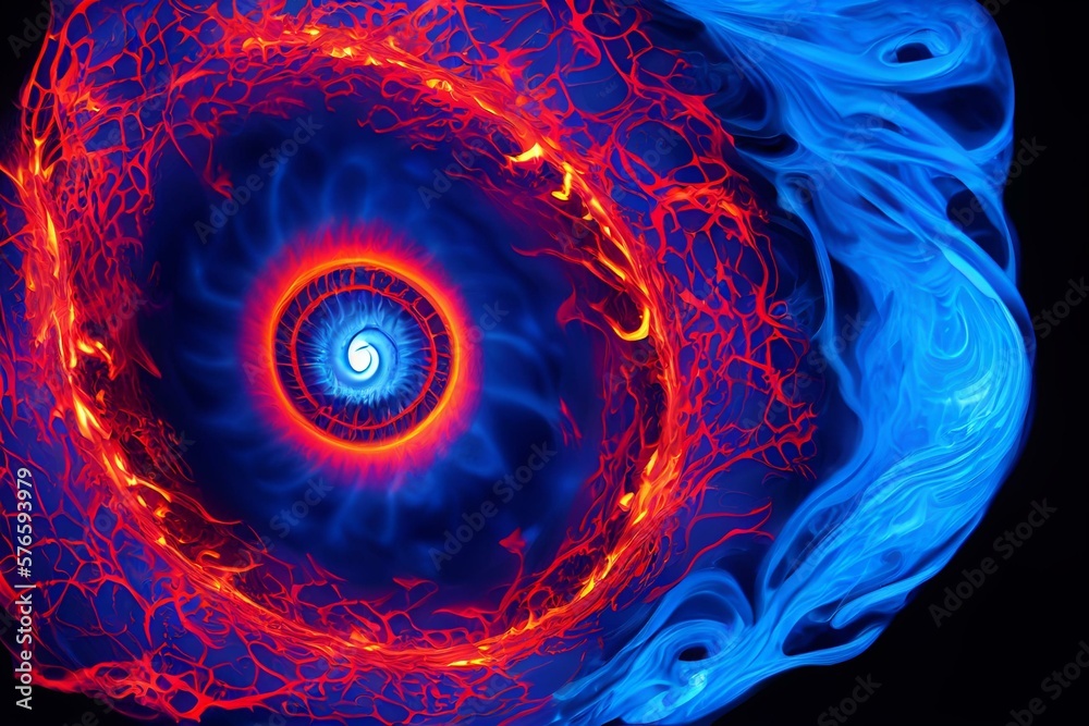 a spiral of fire and water in a black background with a blue and orange swirl in the center of ...