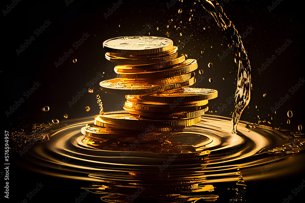 Gold coins in a pool of melting gold. Created with Generative IA ...