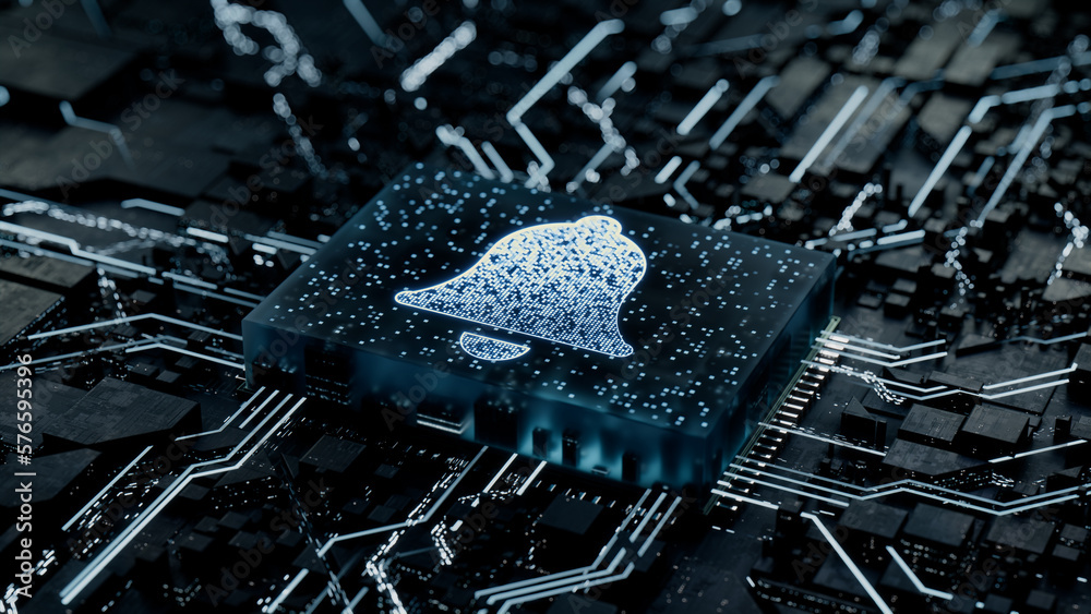 Alert Technology Concept with bell symbol on a Microchip. Data flows ...