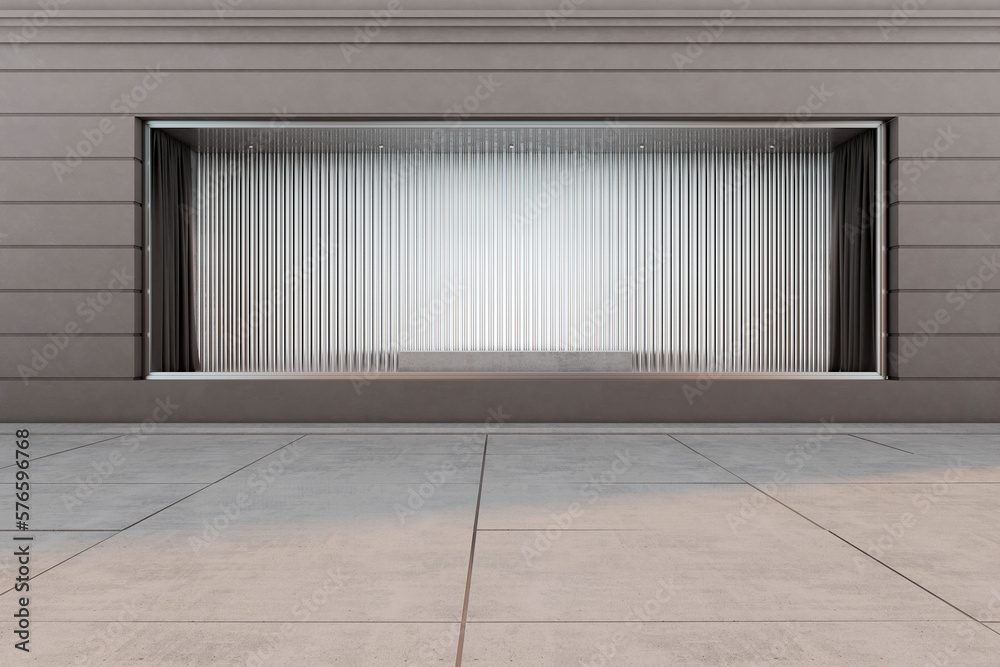 Front view on empty showcase with decorative slatted wall background ...