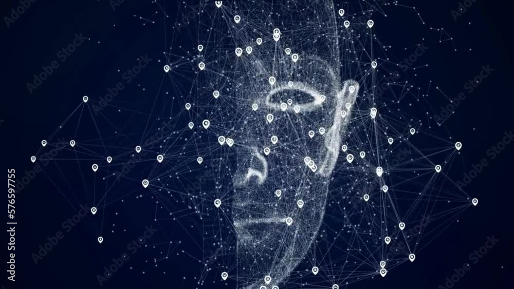3D digital render of a human face hologram on digital background. Deep ...